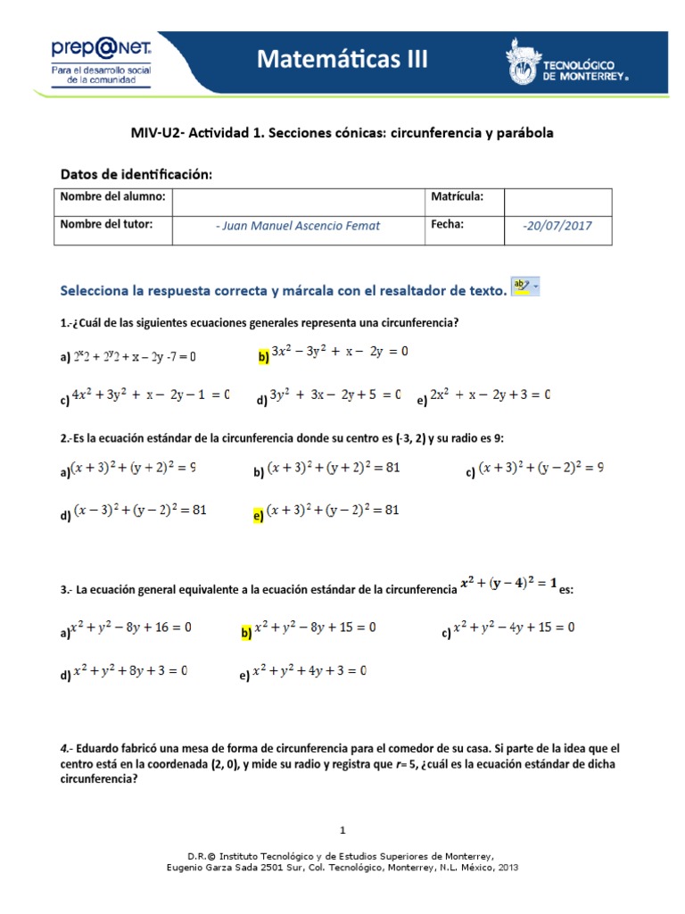 MIV - U2 - Actividad 1. Secciones Cónicas Circunferencia y Parábola | PDF | Circulo | Colector