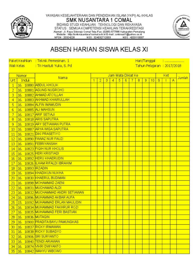 ABSEN HARIAN SISWA SMK NUSANTARA 1 COMAL | PDF