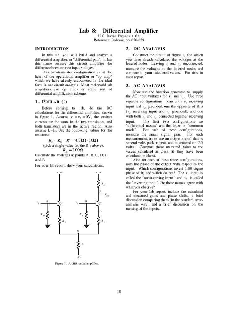 Lab 8: Differential Amplifier: I 2. DC A | PDF | Amplifier ...