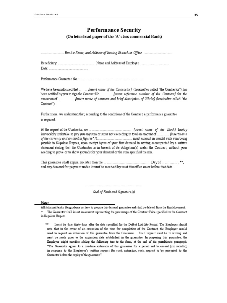 Performance Security: (On Letterhead Paper of The 'A' Class Commercial ...