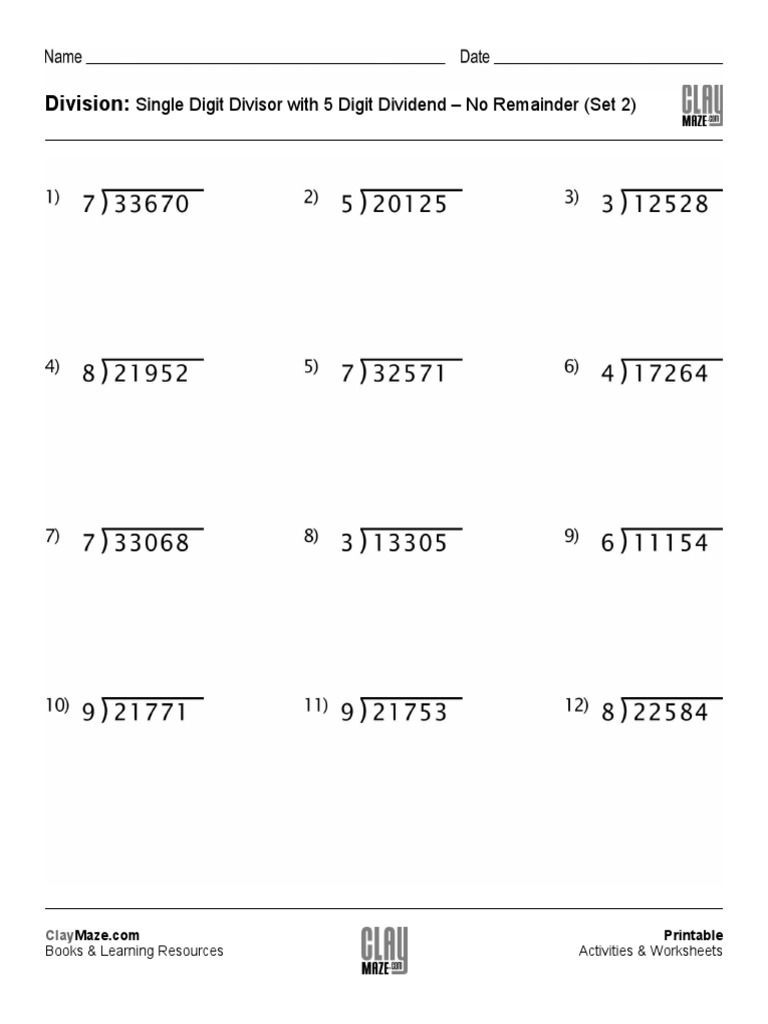 Division:: Single Digit Divisor With 5 Digit Dividend - No Remainder ...