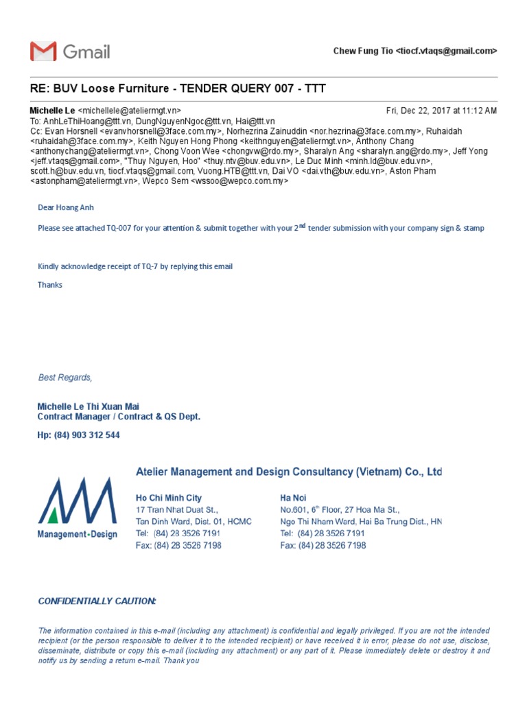 RE: BUV Loose Furniture - TENDER QUERY 007 - TTT: Best Regards | PDF | Business | Violence