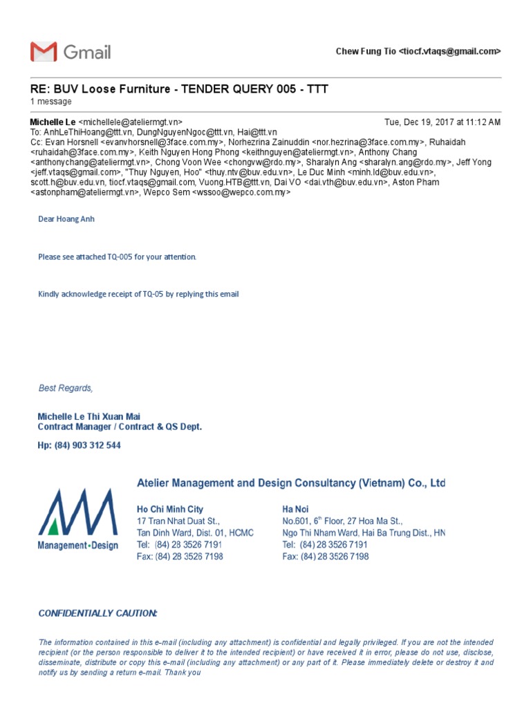 RE: BUV Loose Furniture - TENDER QUERY 005 - TTT: Dear Hoang Anh | PDF ...