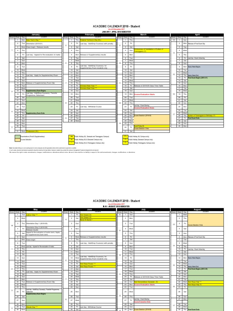 ACADEMIC CALENDAR 2018 - Student: January February March April | PDF ...