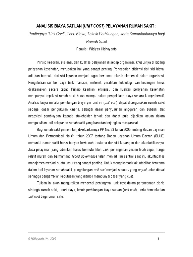 Perhitungan Unit Cost Rumah Sakit PDF | PDF