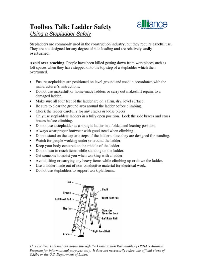 Toolbox Talk: Ladder Safety: Using A Stepladder Safely | PDF | Ladder ...