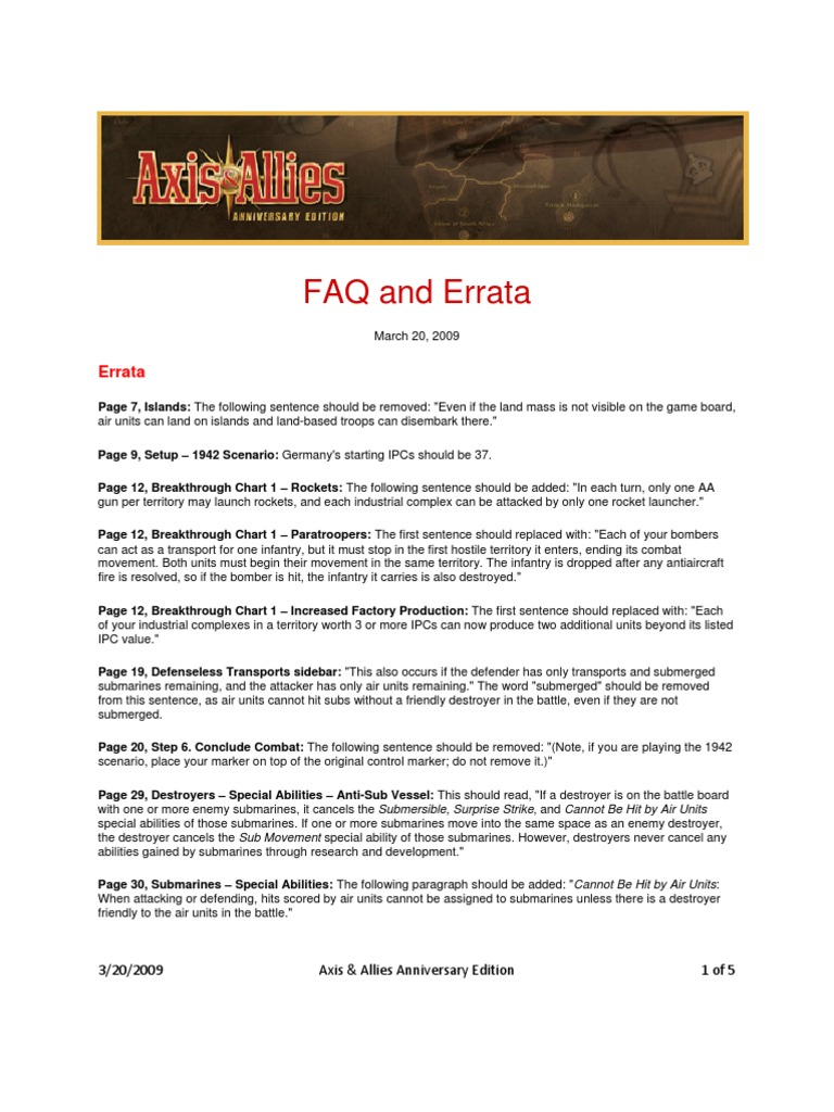 Axis & Allies Anniversary Edition FAQ and Errata | PDF | Submarines | Destroyer