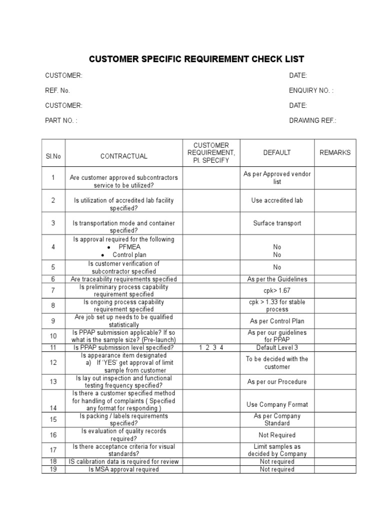 Customer Specific Requirement Check List | PDF | Systems Engineering ...