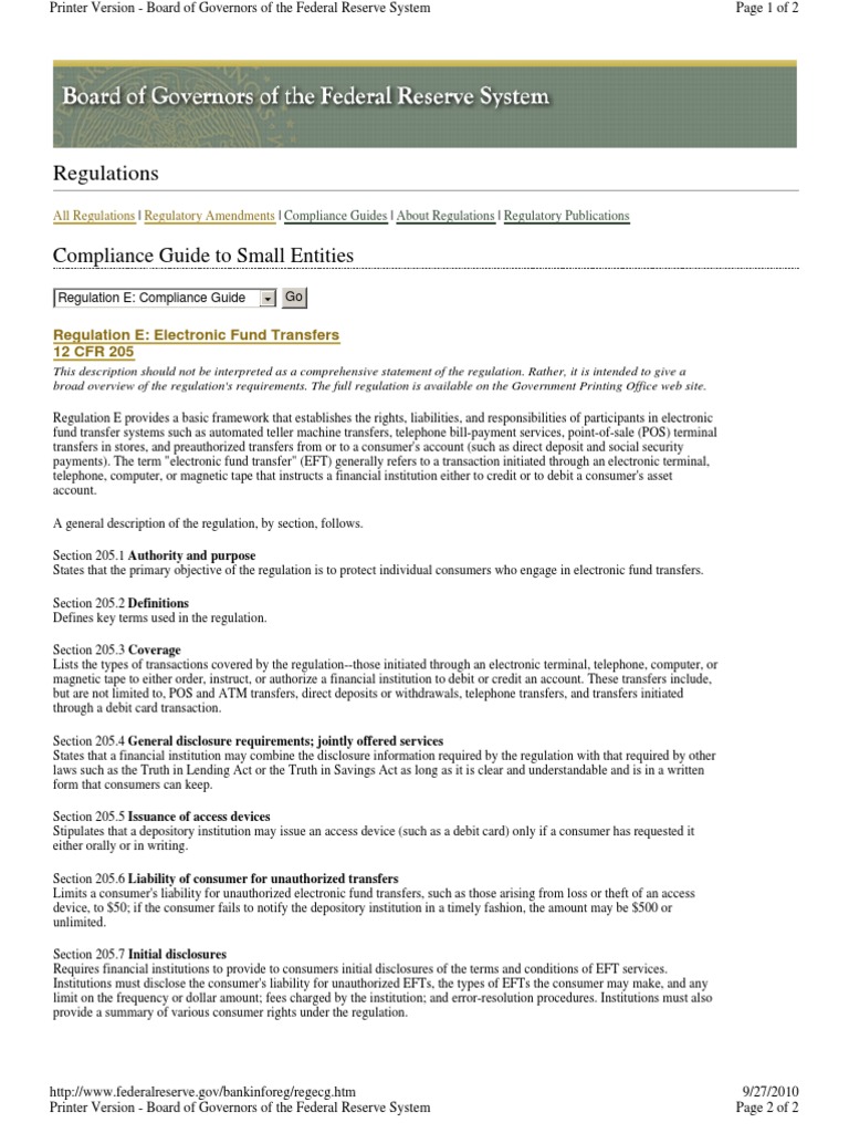 Reg E Compliance Guide | PDF | Truth In Lending Act | Debit Card