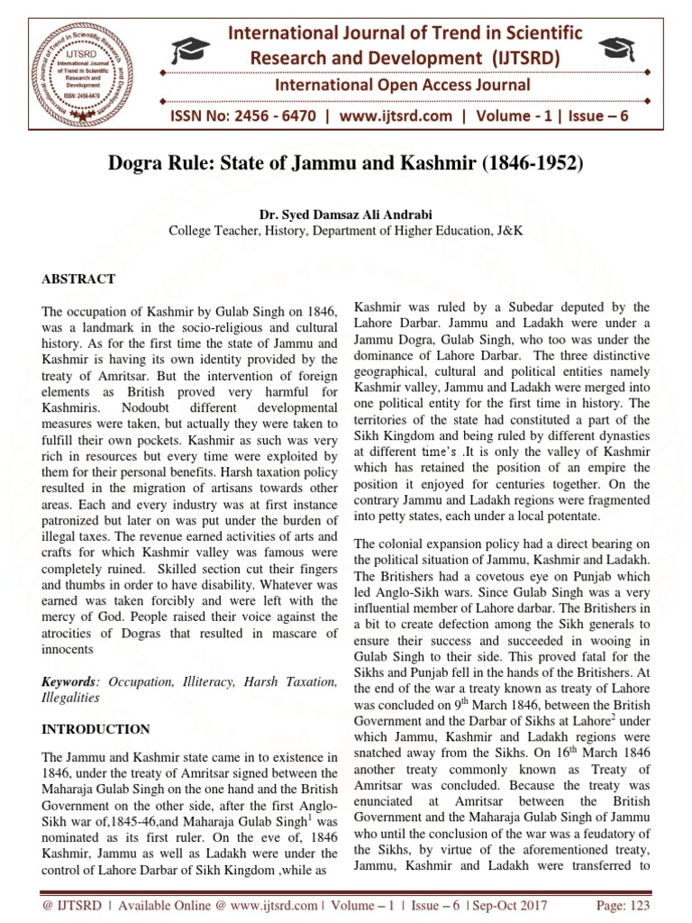 Dogra Rule: State of Jammu and Kashmir (1846-1952) | PDF | Kashmir ...