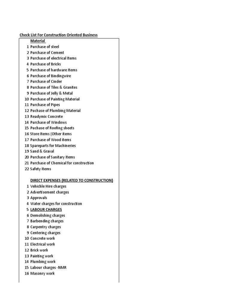 Check List For Construction Business | PDF