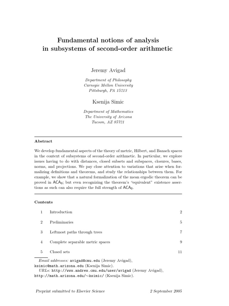 Fundamental Notions of Analysis in Subsystems of Second-Order Arithmetic | PDF | Metric Space ...