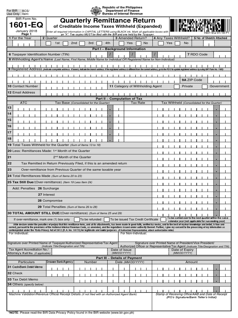 1601-EQ Final Jan 2018 Rev DPA | Withholding Tax | Value Added Tax