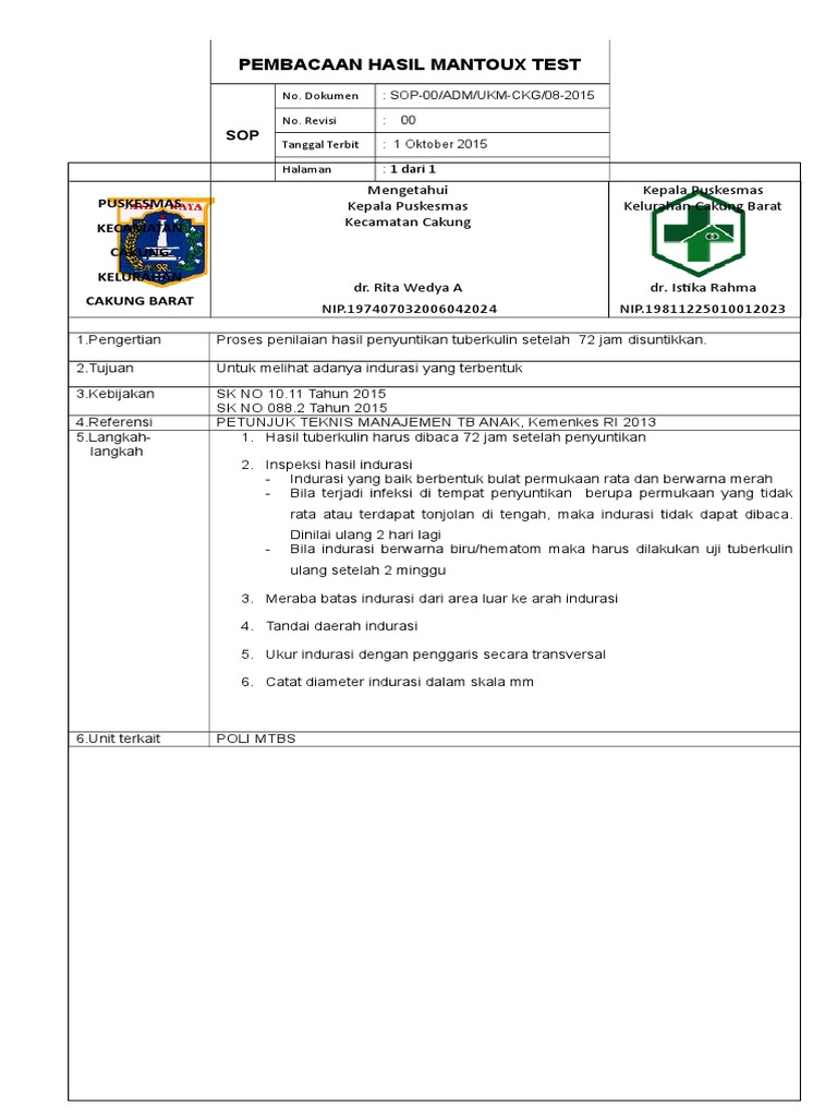 Sop Pembacaan Hasil Test Mantoux-New | PDF