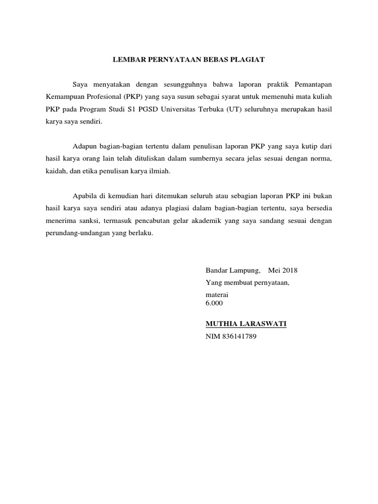 Lembar Pernyataan Bebas Plagiat | PDF
