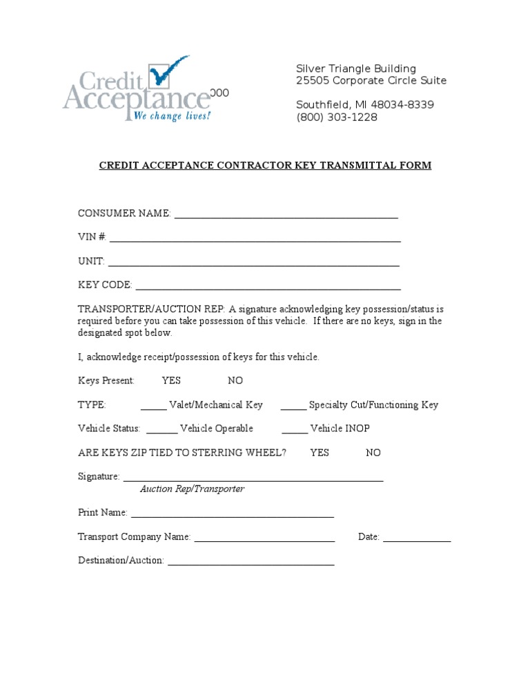 Key Transmittal Form for Vehicles | PDF