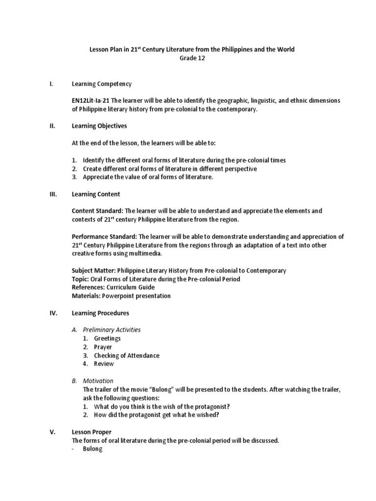 Grade 12 Lesson Plan: Oral Literature | PDF | Lesson Plan | Learning