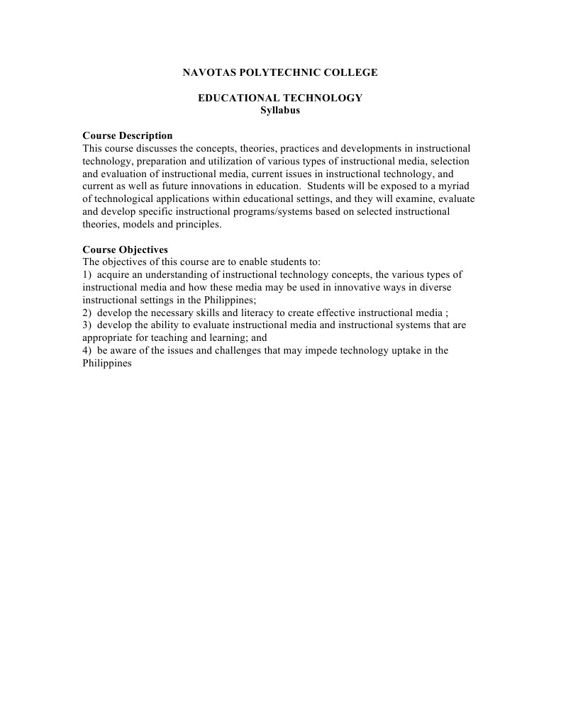Instructional Technology Course Syllabus | PDF | Educational Technology ...