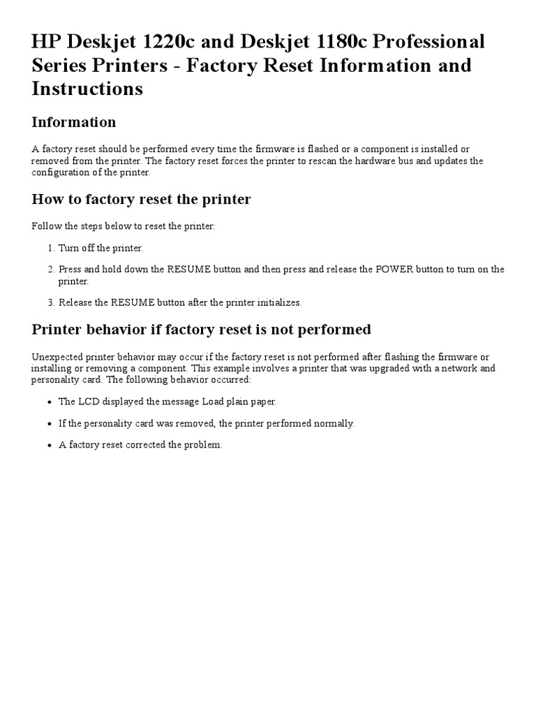 HP Deskjet 1220c/1180c Reset Guide | PDF | Business