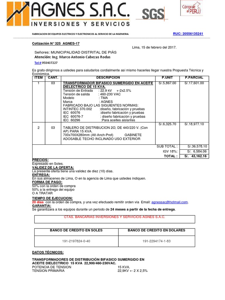 COT. AGNES 325 TMA DE 15 KVA EN 22,900 - 460 - 230 + Tablero de ...