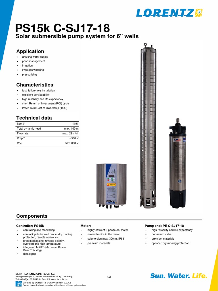 PS15k C-SJ17-18: Solar Submersible Pump System For 6" Wells | PDF ...