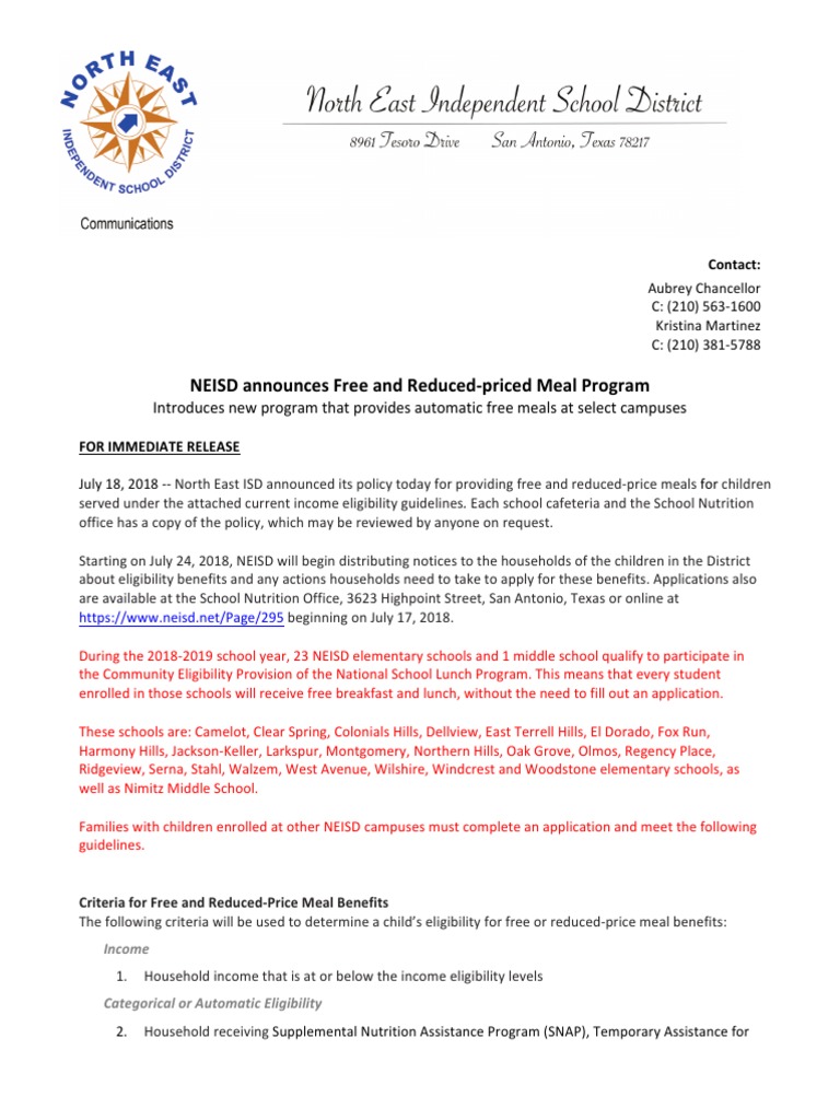 NEISD Announces Free and Reduced-Priced Meal Program | PDF | United ...