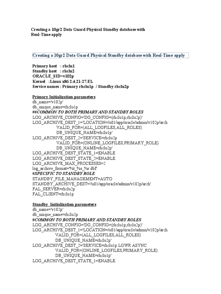 Creating A 10gr2 Data Guard Physical Standby Database With Real-Time Apply | PDF | Filename ...