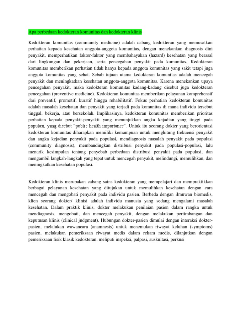 Apa Perbedaan Kedokteran Komunitas Dan Kedokteran Klinis | PDF