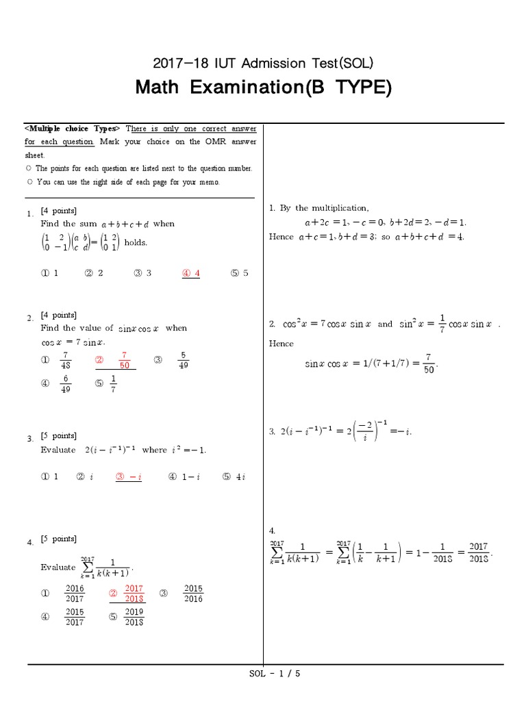 2017-18 IUT Admission Test Math B TypeSOL With Solution | PDF ...