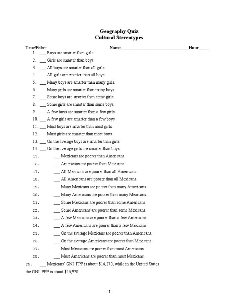 Cultural Stereotypes TF Quiz | PDF