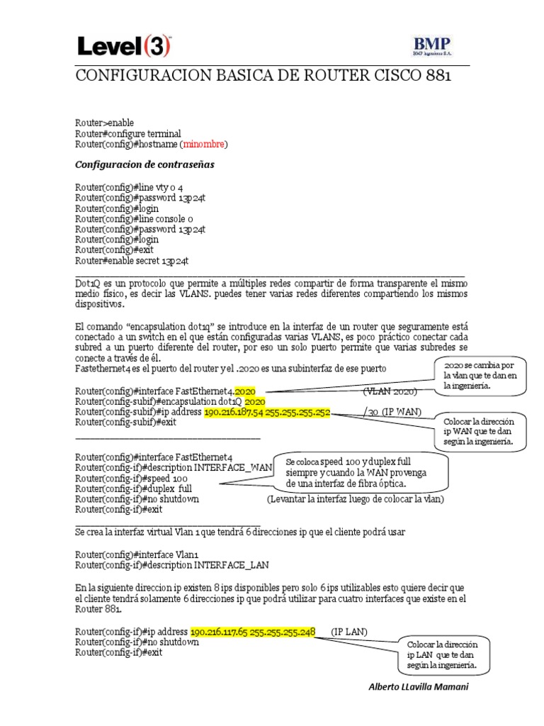 Configuracion Basica de Routert Cisco 881 V 2.0 | PDF | Enrutador (Computación) | Dirección IP