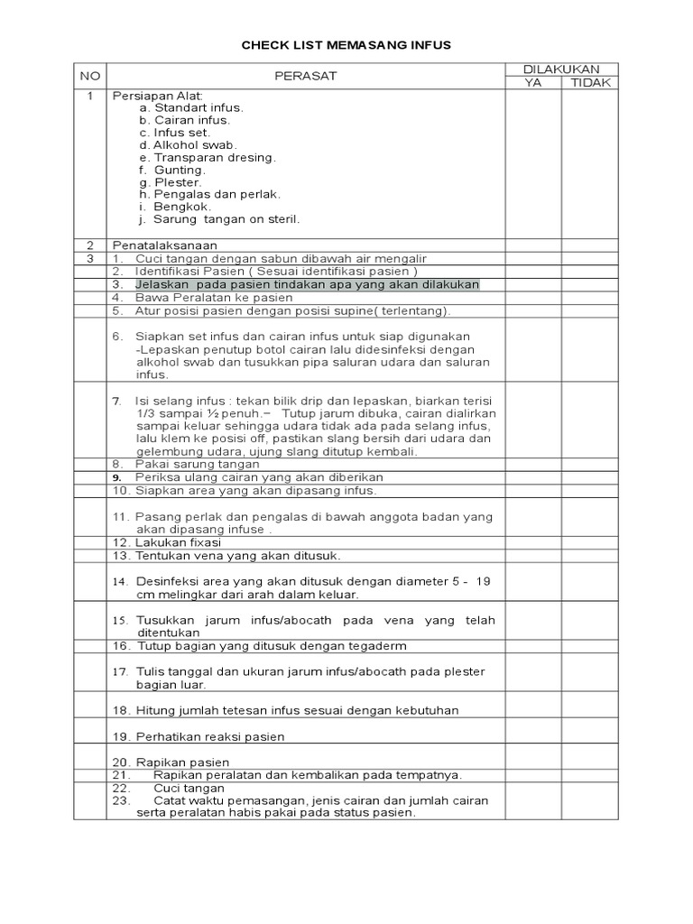 Check List Memasang Infus | PDF