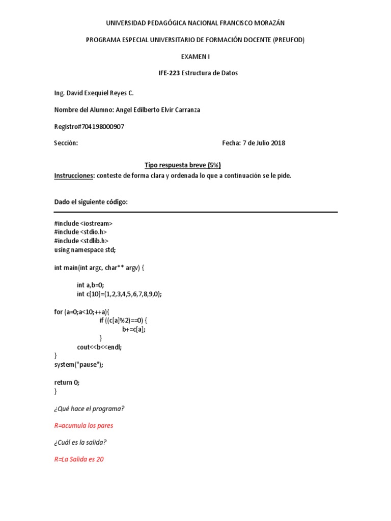 Examen de Estructura de Datos UPNFM | PDF | Estructura de datos de matriz | Programación de ...