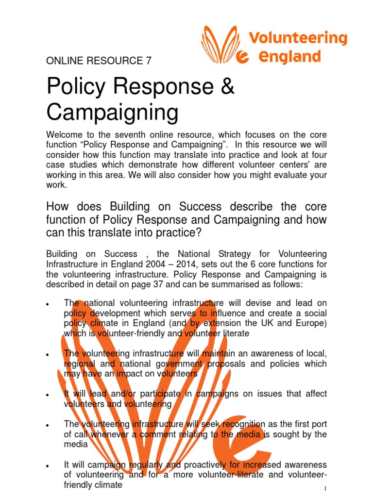 Policy Response & Campaigning | PDF | Volunteering | Monitoring And ...