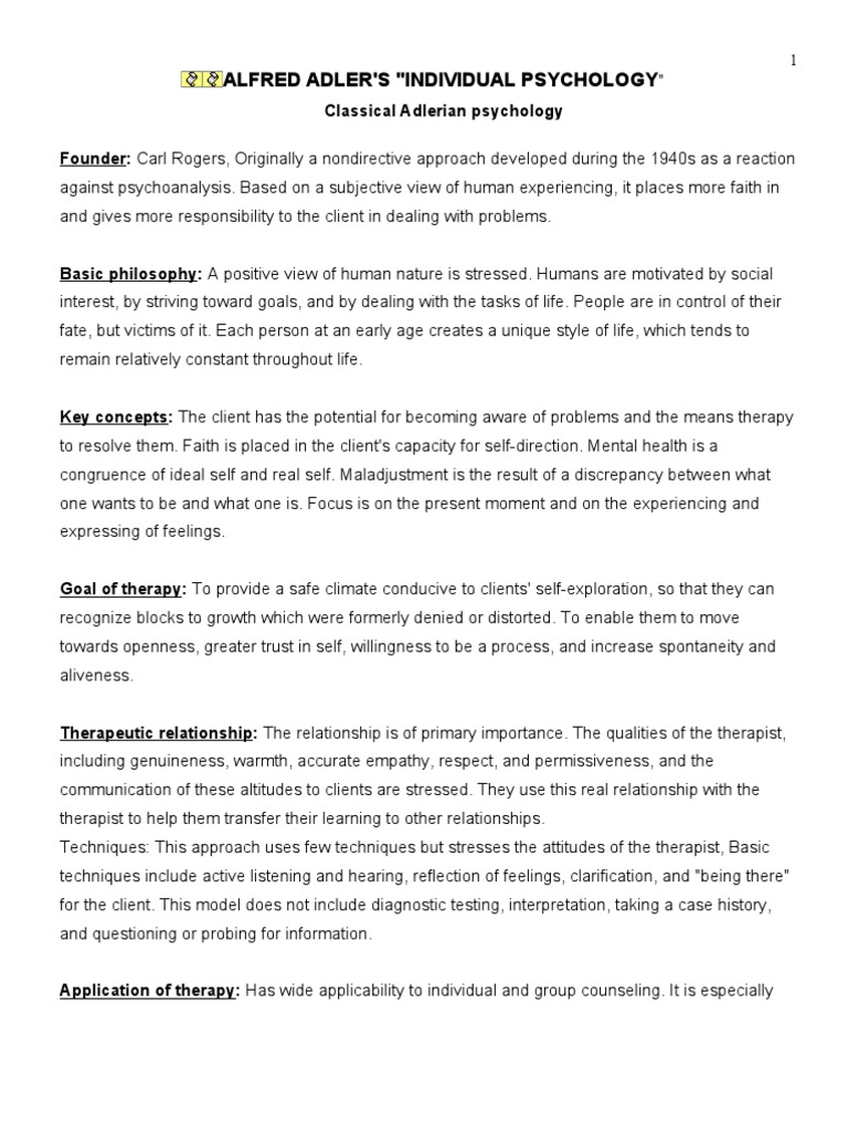 Adler's Individual Psychology Overview | PDF | Psychology ...