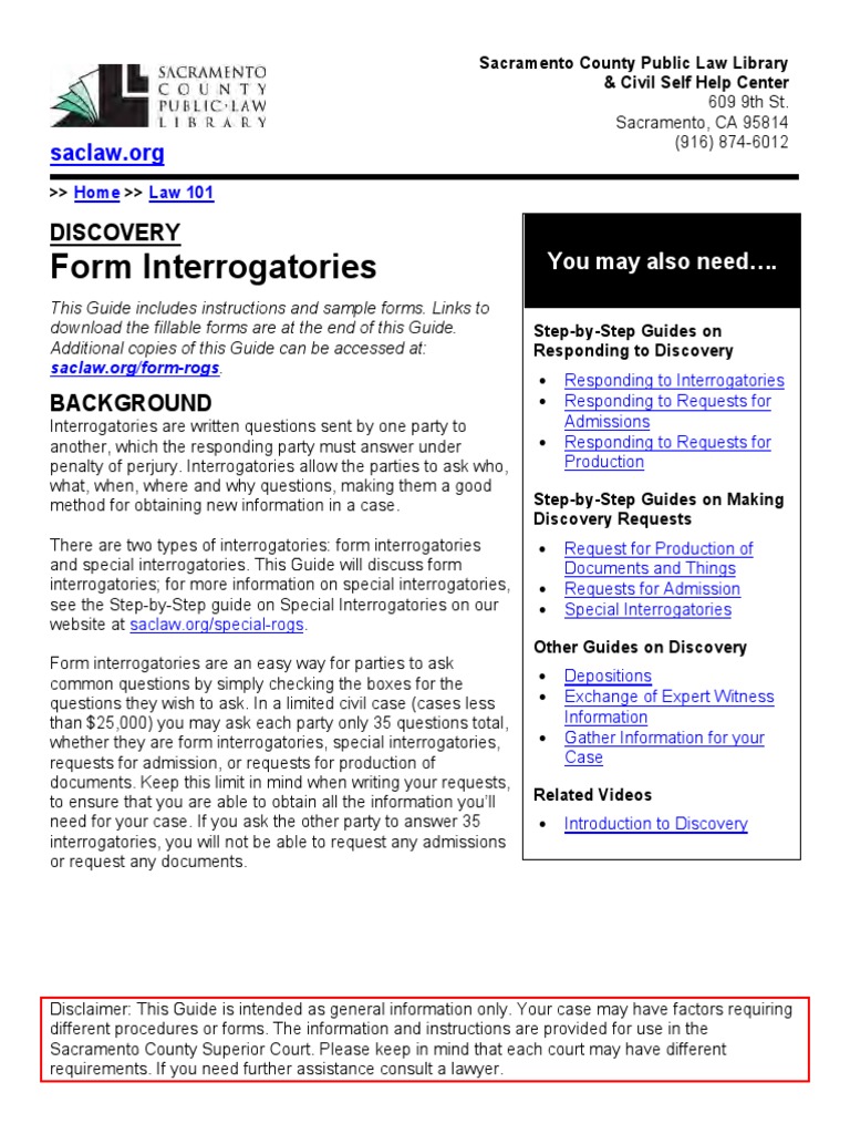 California Form Interrogatories Guide | PDF | Interrogatories ...