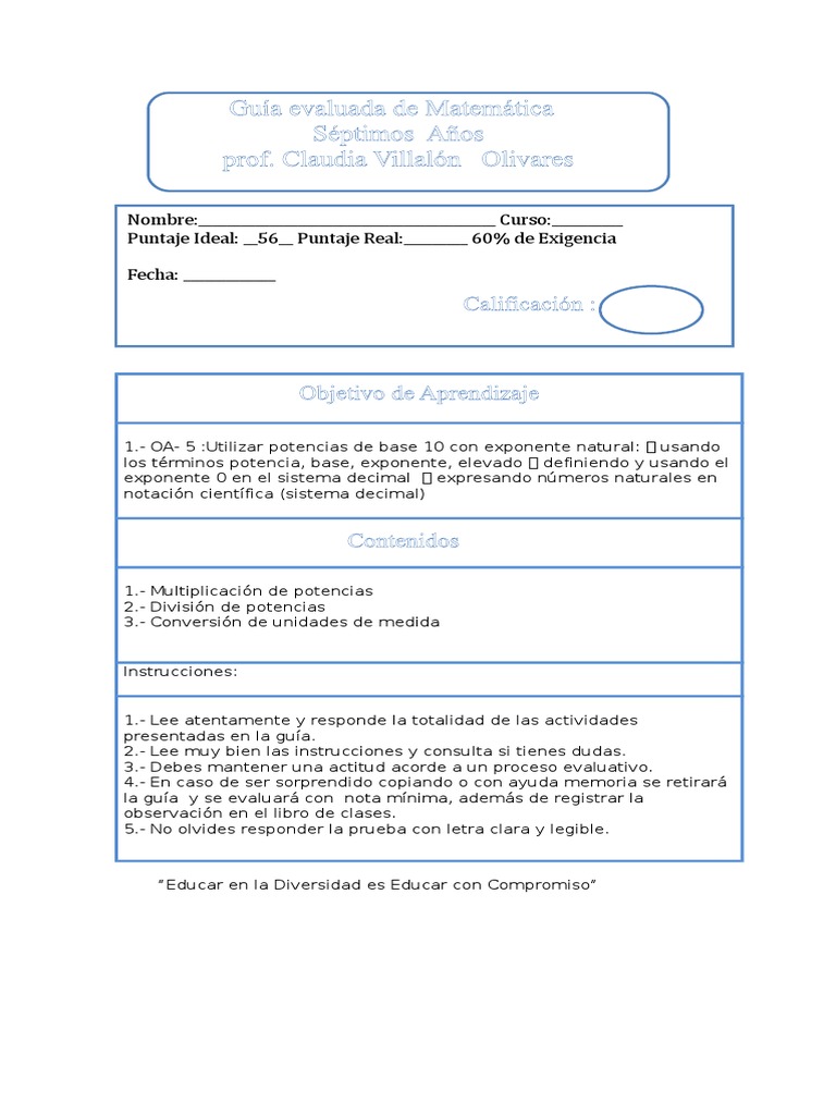 Guia Evaluada de Potencias 7 Basico | PDF | Exponenciación | Enseñanza de matemática