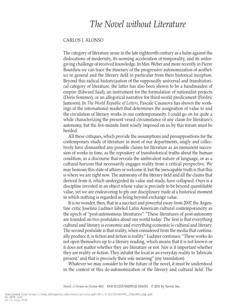 The Novel Without Literature J Alonso | PDF | Novels | Reality