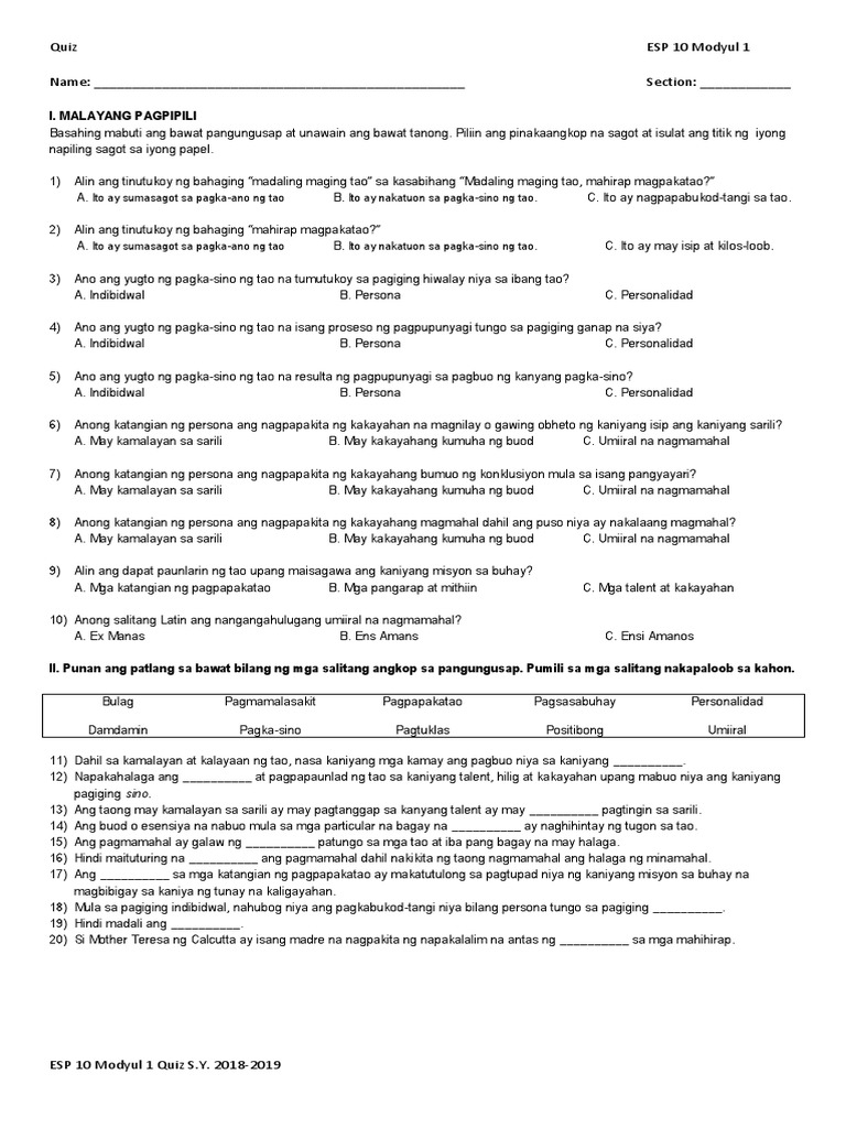 1ST Quiz ESP 10 Modyul 1 | PDF