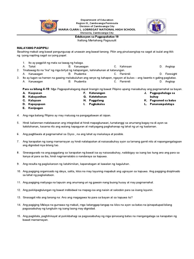 EsP 10 3rd Quarter Exam