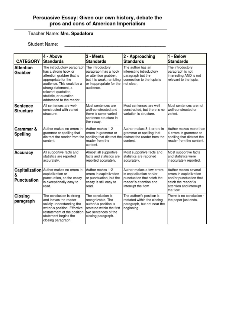 Persuasive Essay Rubric | PDF | Essays | Writing