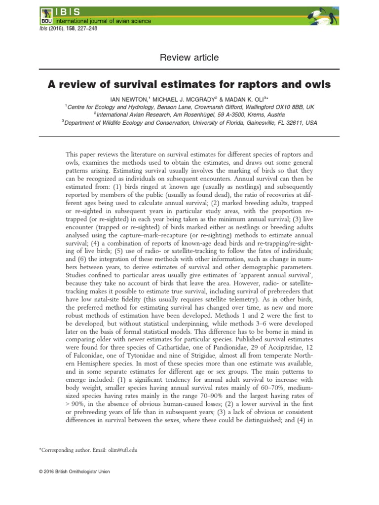 Newton Et Al 2016 Raptor Survival Review Ibis PDF | PDF | Birds Of Prey ...