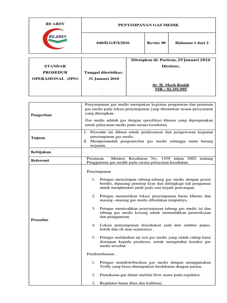 Prosedur Penyimpanan Gas Medis RS Arsy | PDF