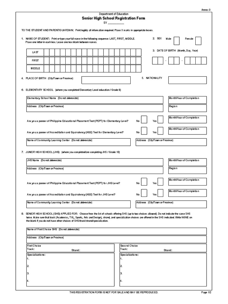 Senior High School Registration Form: Department of Education SY | PDF ...