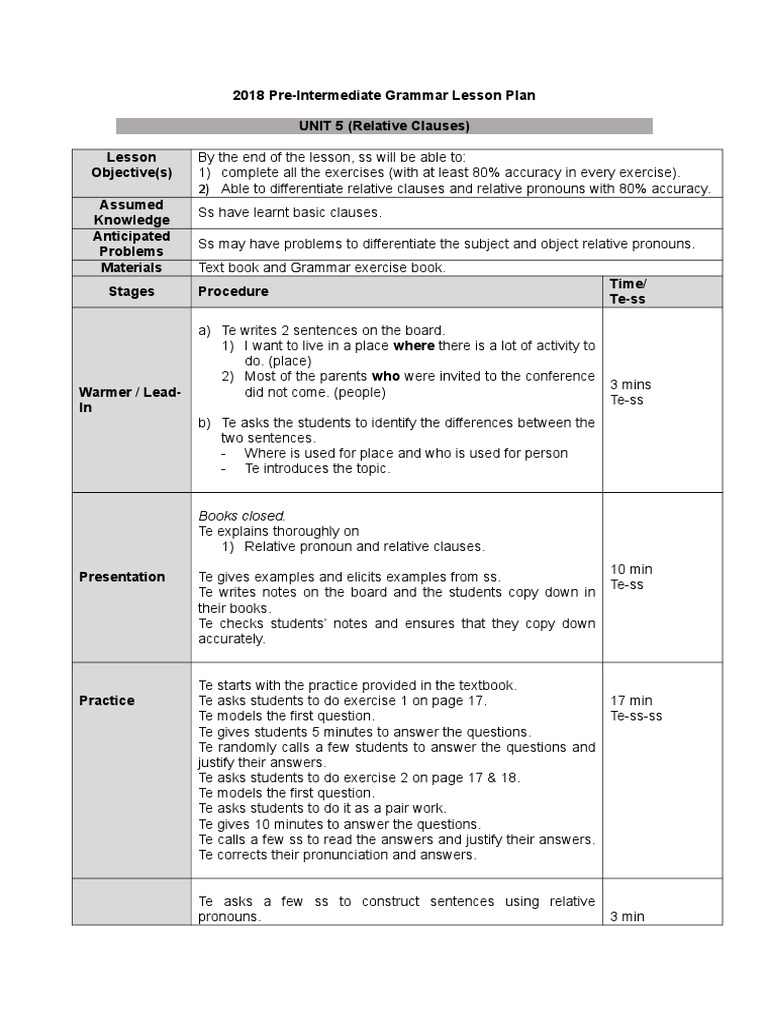 Teaching Relative Clauses Lesson Plan | PDF | Question | Pronoun