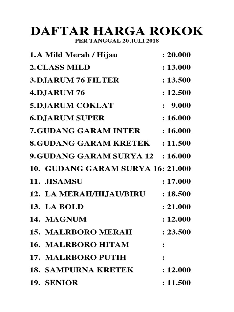 Daftar Harga Rokok Juli 2018 | PDF | Teknologi & Rekayasa
