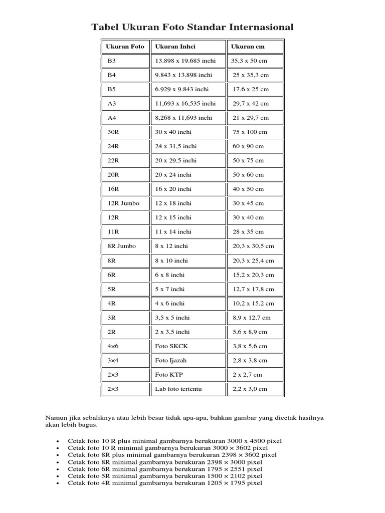 Tabel Ukuran Foto Standar Internasional | PDF