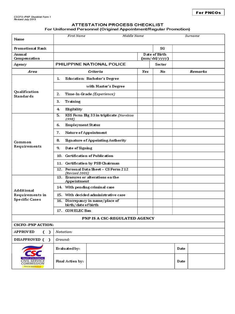 Attestation Checklist For Pnco | Government