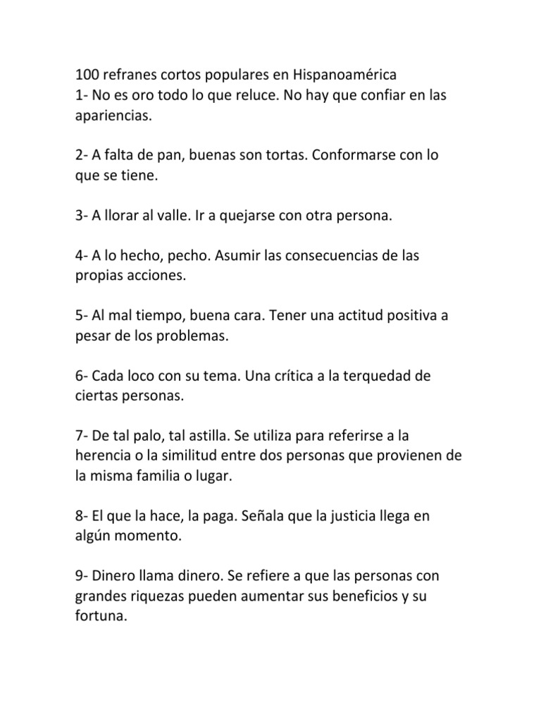100 Refranes Cortos Populares en Hispanoamérica | PDF