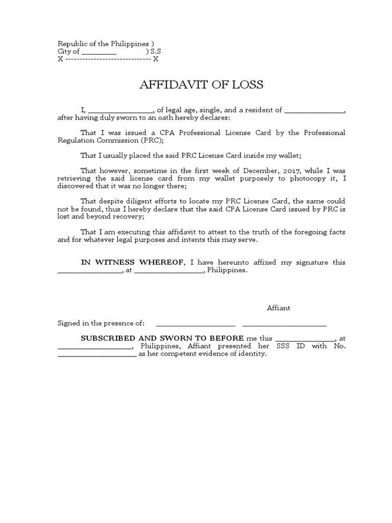 Affidavit of Loss PRC Card | PDF | Affidavit | Document